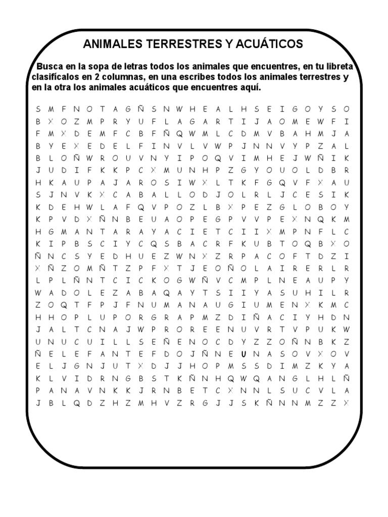 Sopa de Letras de Animales Terrestres y Acuáticos | PDF