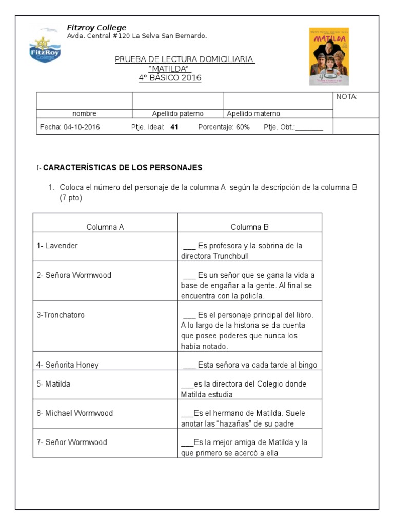Profe..Prueba Escrita de Matilda | PDF | Novelas británicas adaptadas a películas