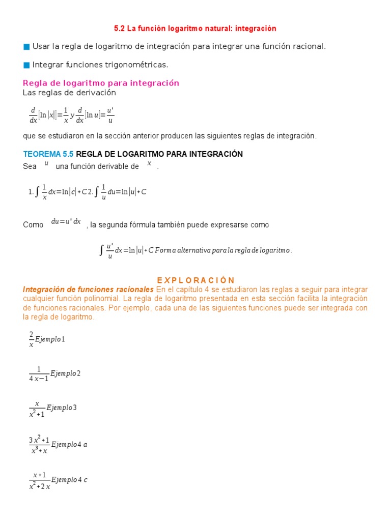 Sec 5.2 Integracion de La Funcion Logaritmo Natural | PDF | Logaritmo ...