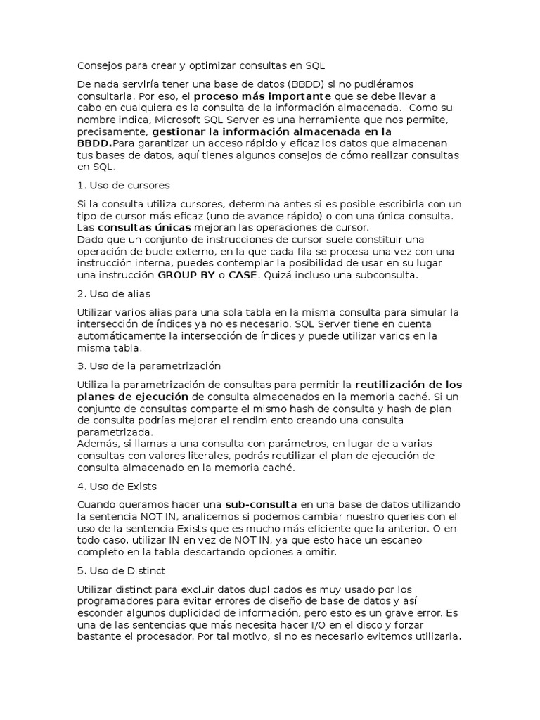 Consejos para Crear y Optimizar Consultas en SQL | PDF | SQL | Servidor SQL de Microsoft
