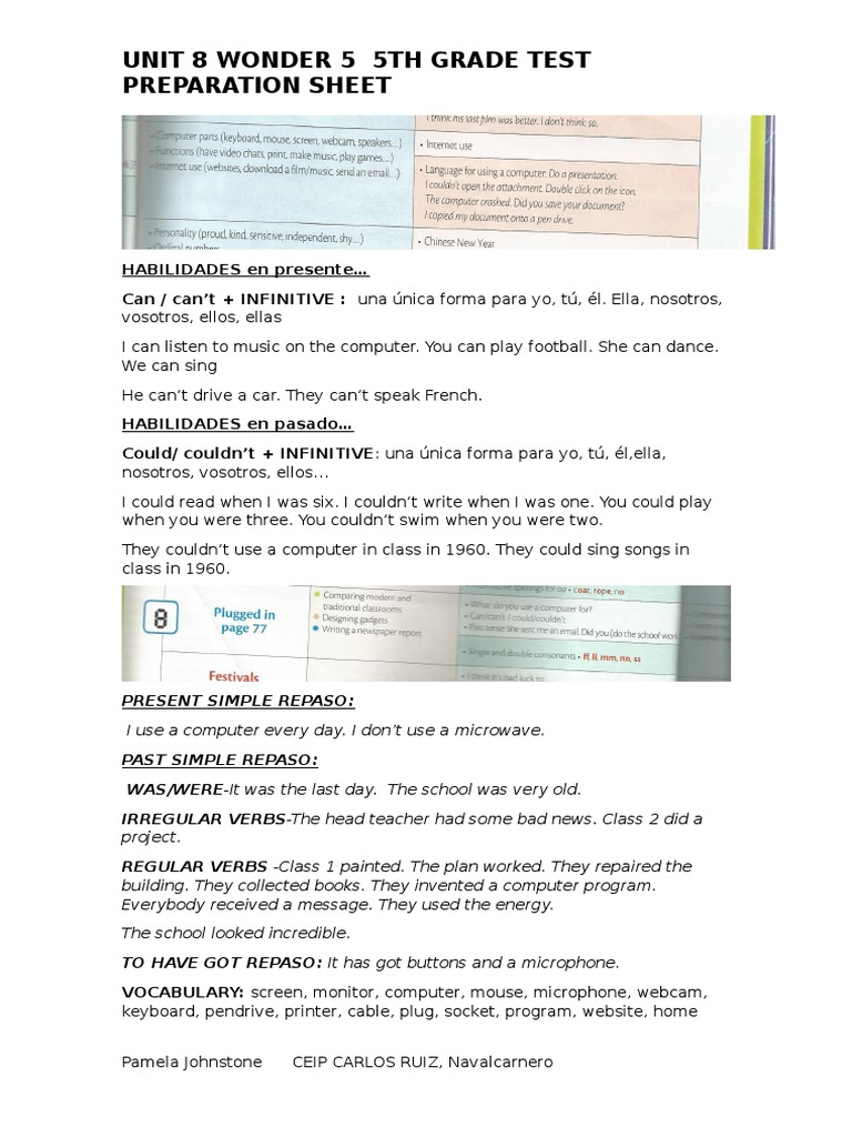 Wonder 5 Unit 8 Test Preparation Sheet | PDF