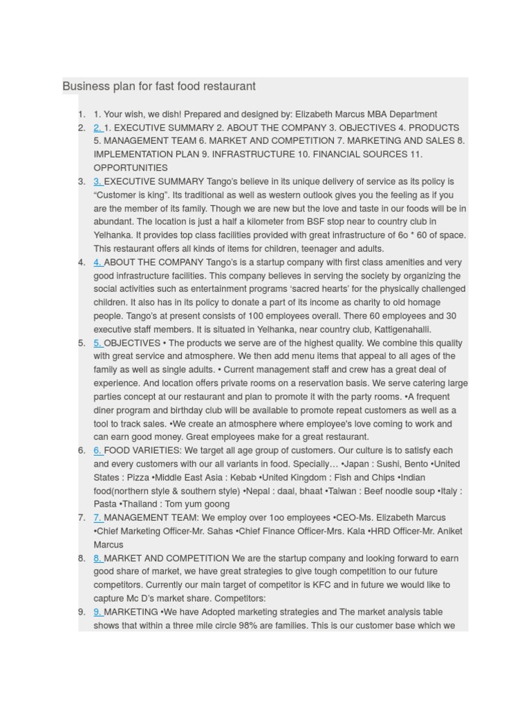 Business Plan For Fast Food Restaurant | PDF | Restaurants | Loans