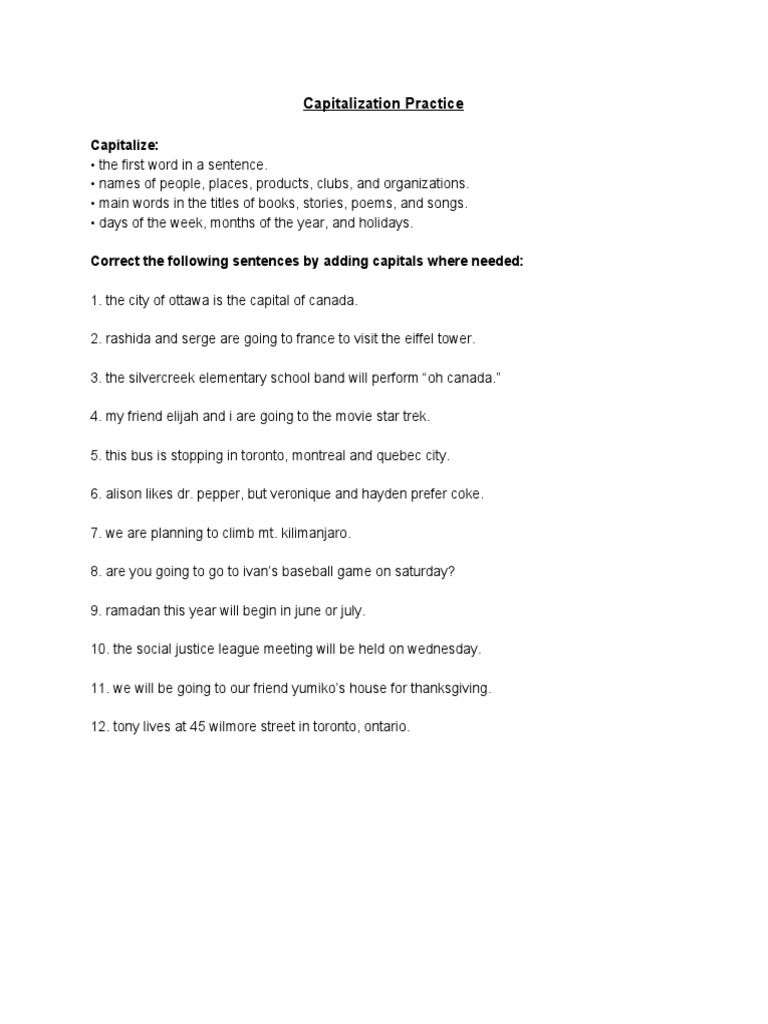 Capitalization Practice Exercises | PDF