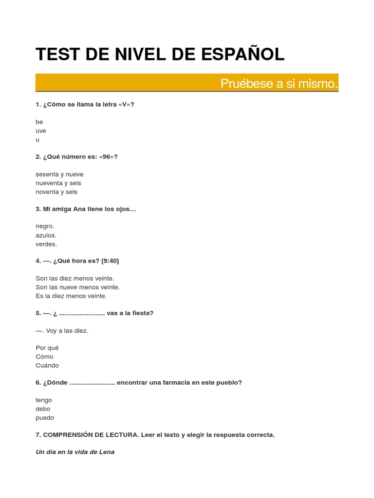 Test de Nivel de Español | PDF