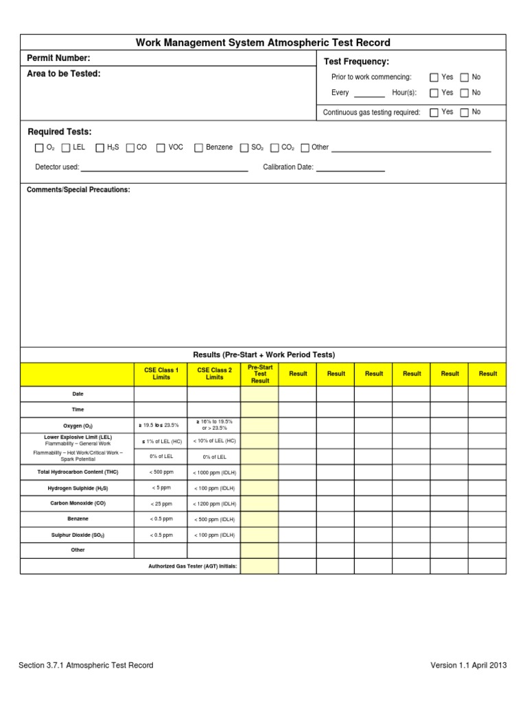 Work Management System Atmospheric Test Record: Area To Be Tested: Test ...
