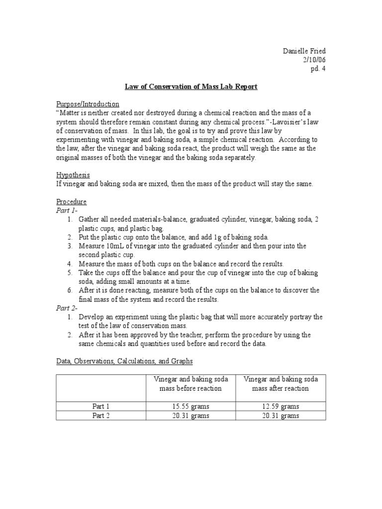 Conservation of Mass Lab Report | PDF | Experiment | Mass