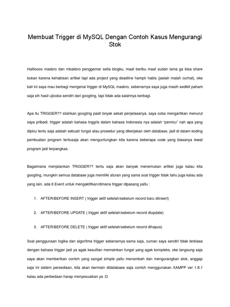 Membuat Trigger Di MySQL Dengan Contoh Kasus Mengurangi Stok | PDF ...