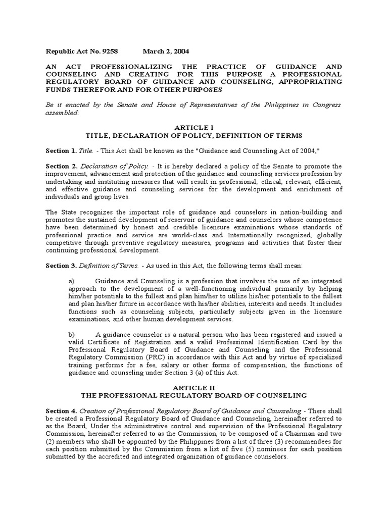 Republic Act No 9258 | PDF | Licensure | School Counselor