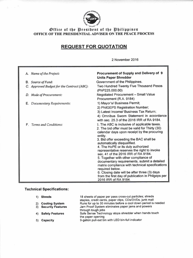 Request For Quotation: Procurement of Supply and Delivery of 9 Units ...