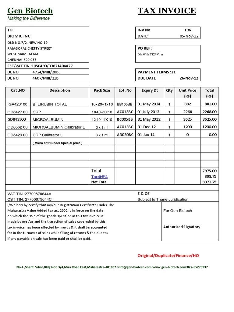 Gen Biotech: Tax Invoice | PDF | Business | Finance & Money Management