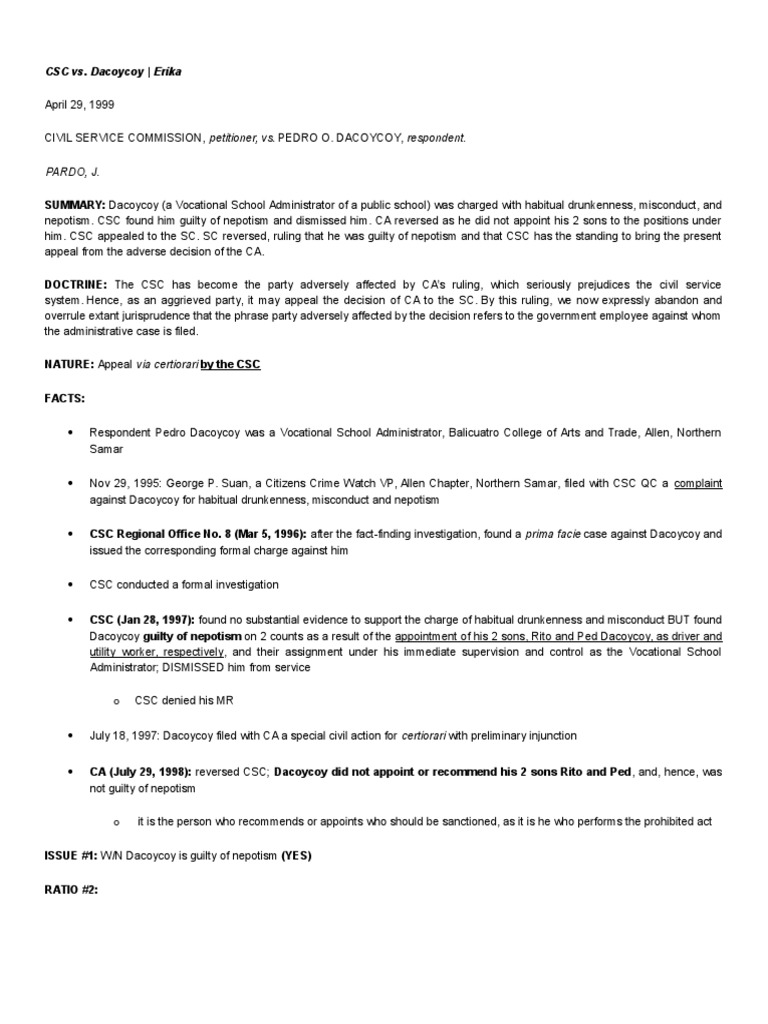 CSC Appeals Decision Exonerating Employee of Nepotism Charges ...