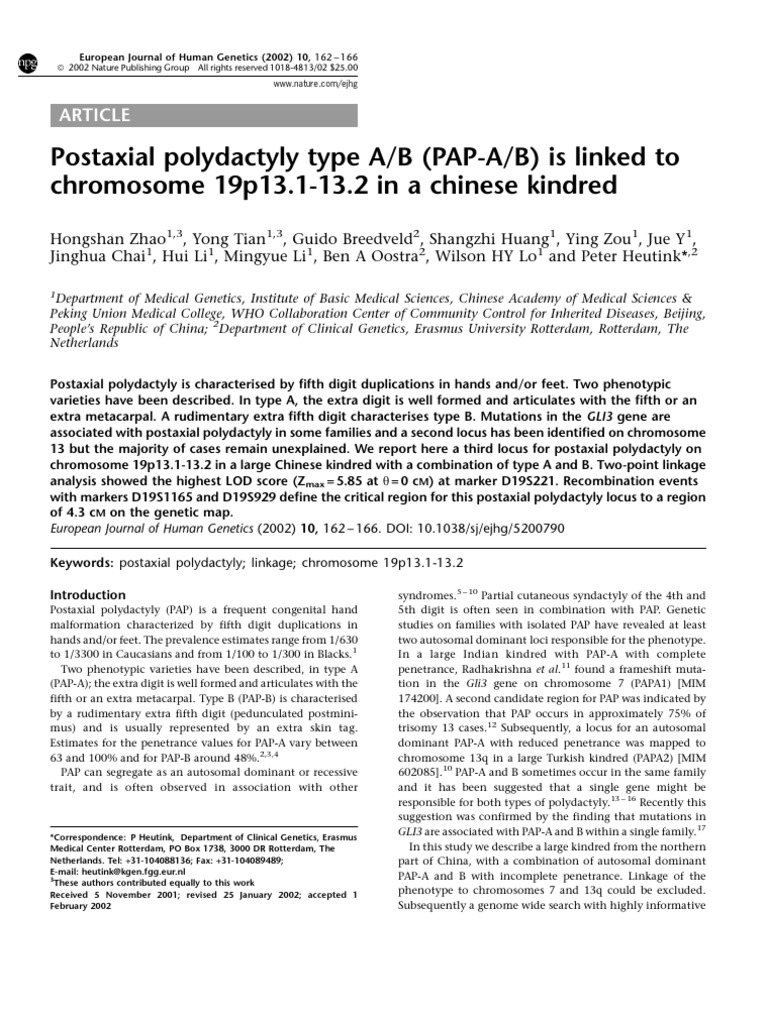 Postaxial Polydactyly Type A/B (PAP-A/B) Is Linked To Chromosome 19p13 ...