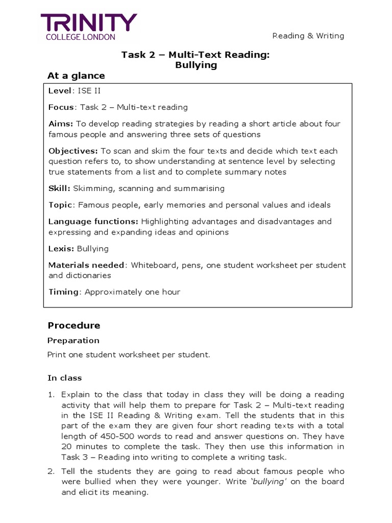 ISE II - Task 2 - Multi-Text Reading - CA1 (Bullying) | PDF ...