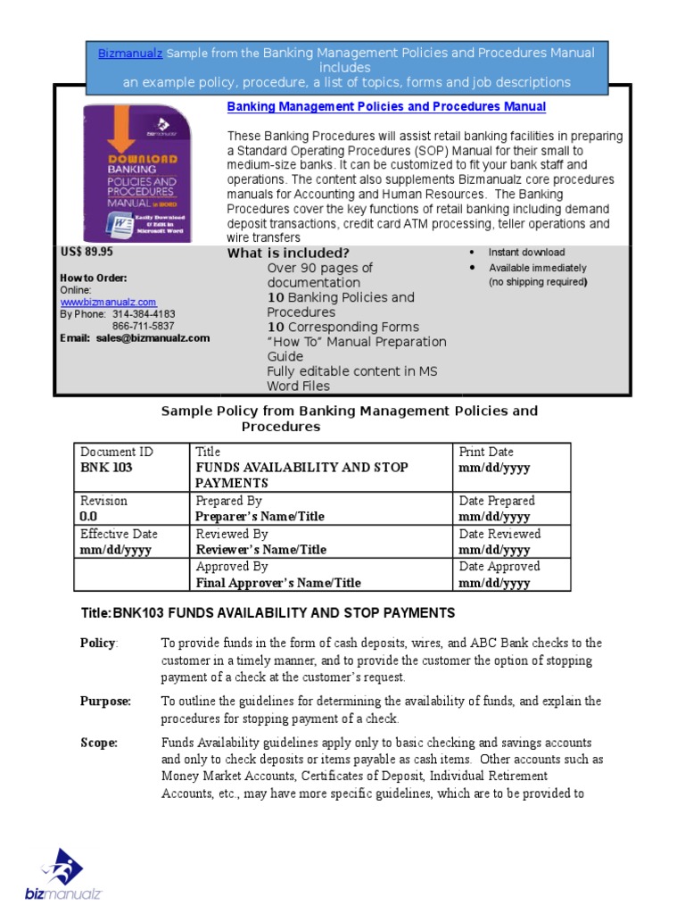 Bizmanualz Banking Management Policies and Procedures Sample | PDF | Cheque | Wire Transfer