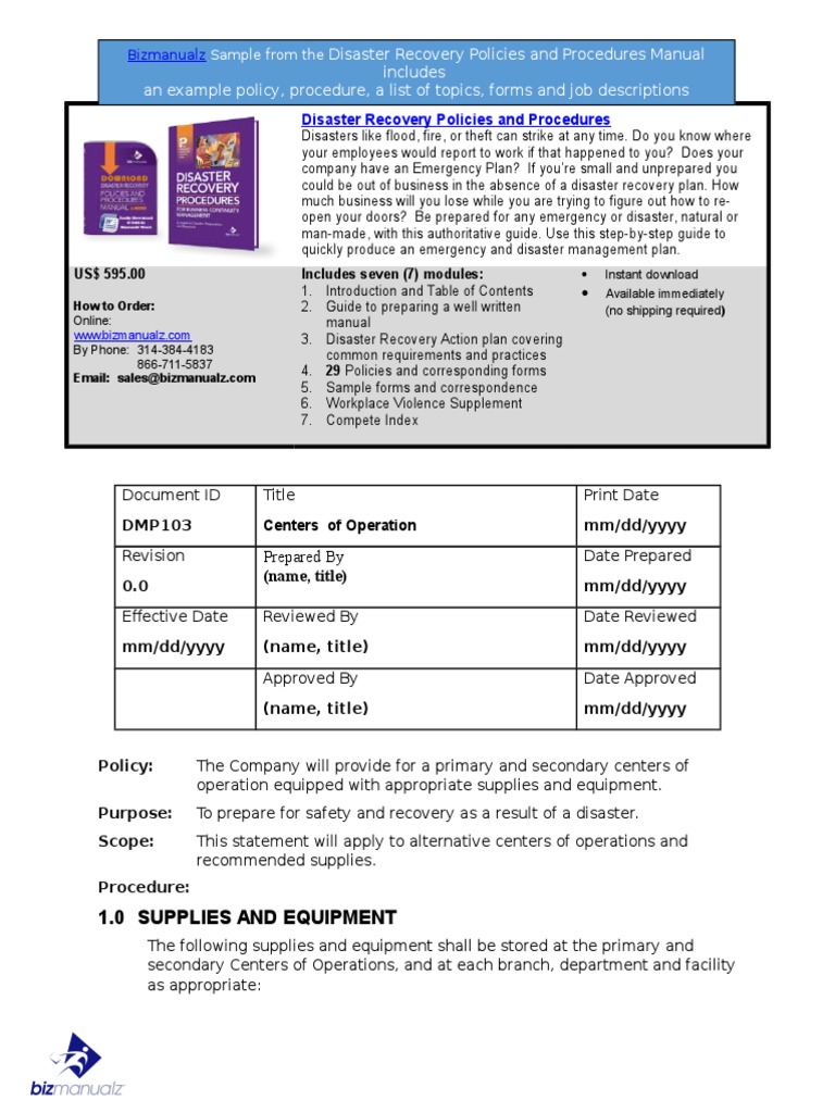 Bizmanualz Disaster Recovery Policies and Procedures Sample | PDF