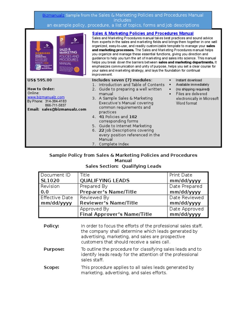 Bizmanualz Sales Marketing Policies and Procedures Sample | PDF | Sales ...