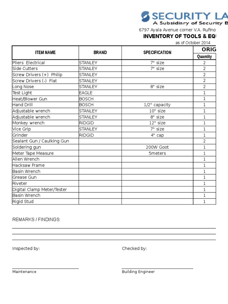 Item Name Brand Specification Quantity: Inventory of Tools & Equipments ...