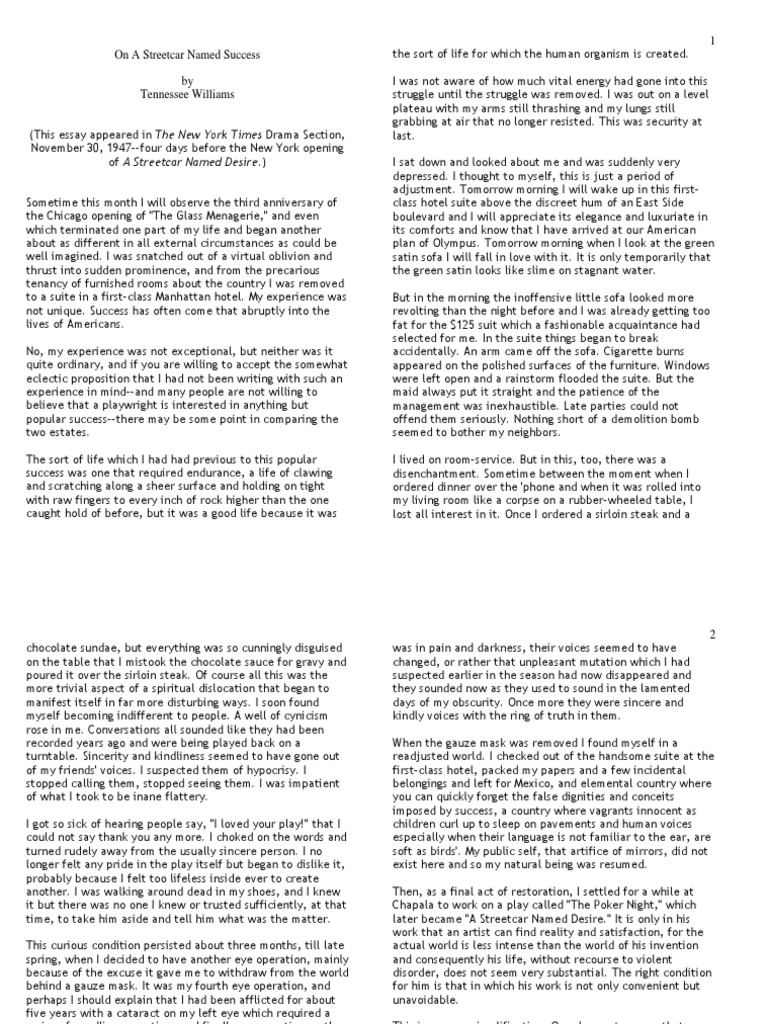 On A Streetcar Named Success - Article by Williams | PDF