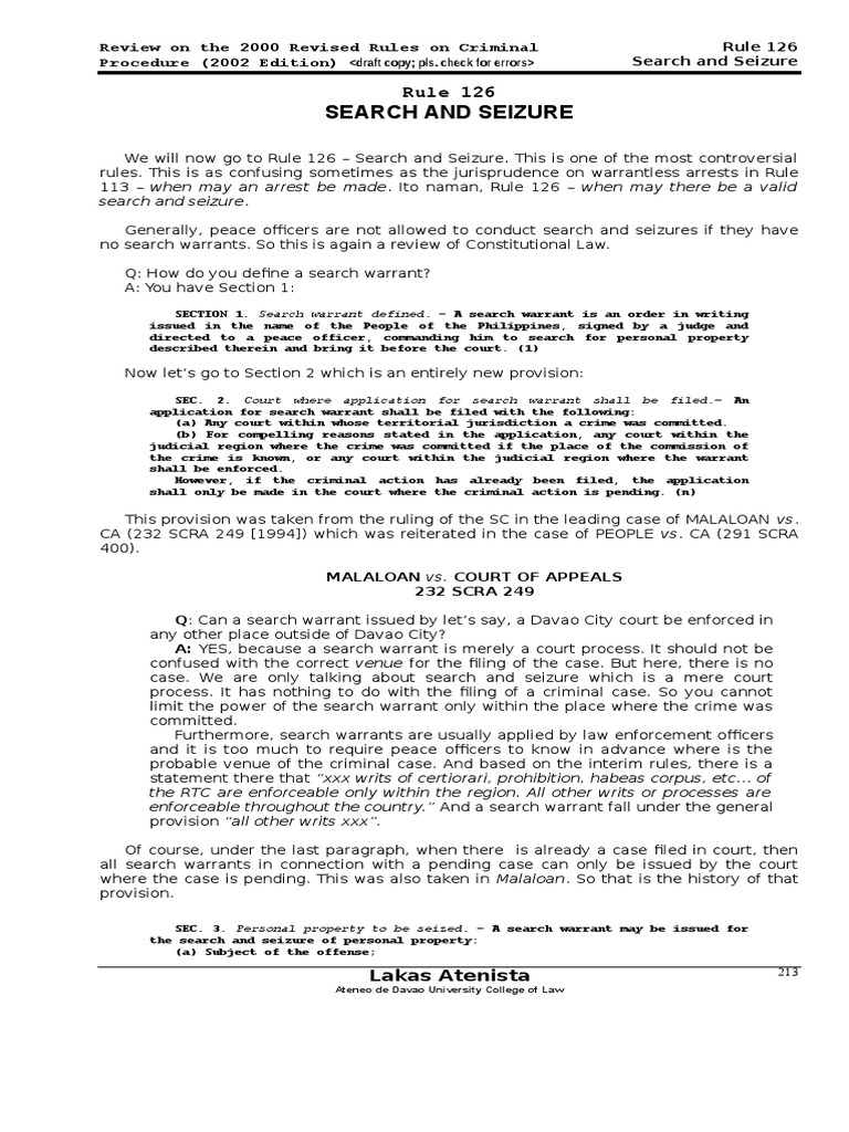 Rule 126 Search & Seizure | PDF | Search And Seizure | Search Warrant