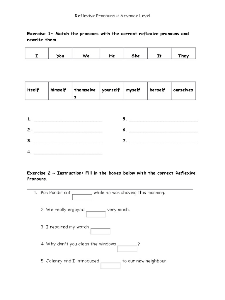 Reflexive Pronouns Worksheet | PDF | Grammar | Syntax