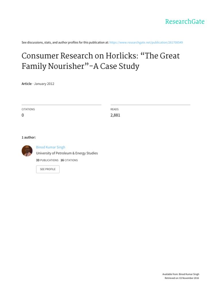 Consumer Research On Horlicks The Great Family Nourisher A Case Study | PDF | Brand | Beverages