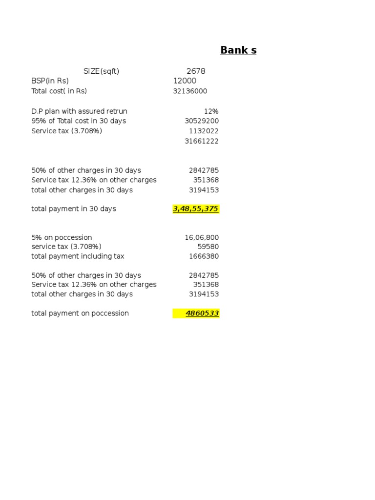 Bank Space Calculation: SIZE (SQFT) 2678 BSP (In RS) 12000 | PDF