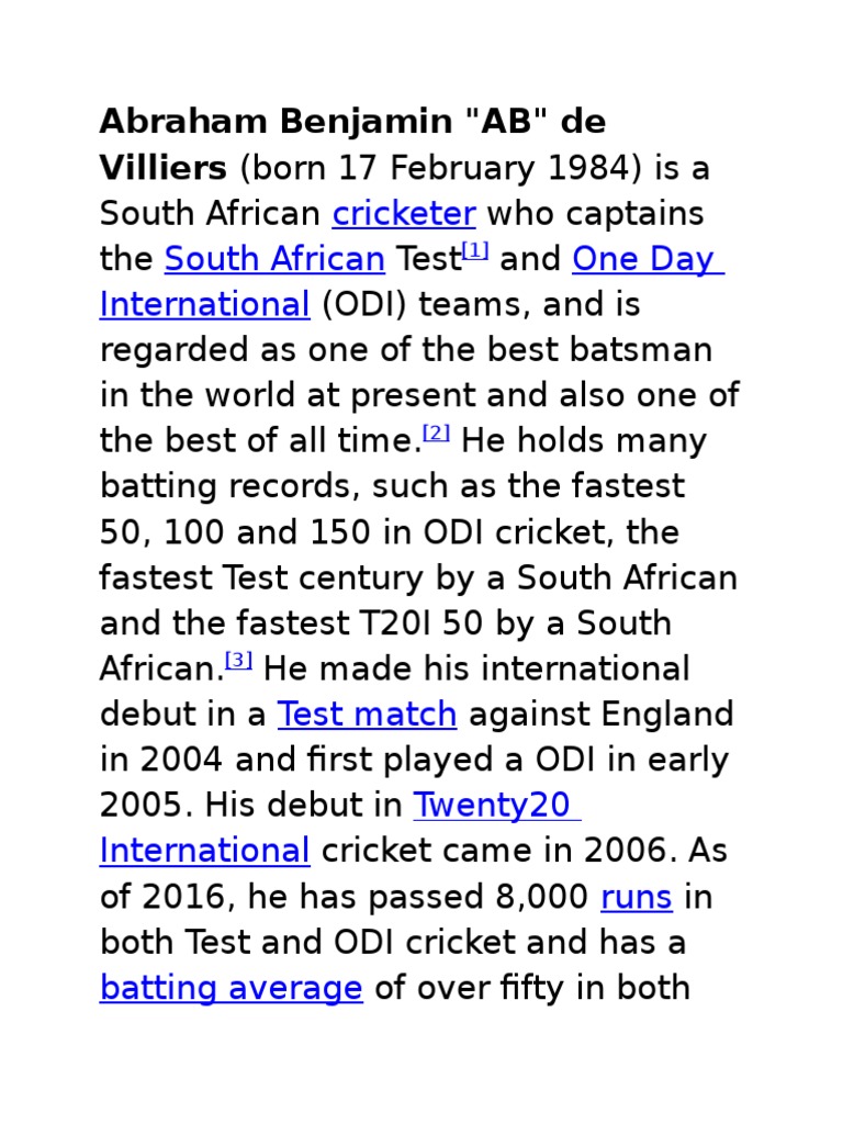 Cricketer South African One Day International: Abraham Benjamin "AB" de ...