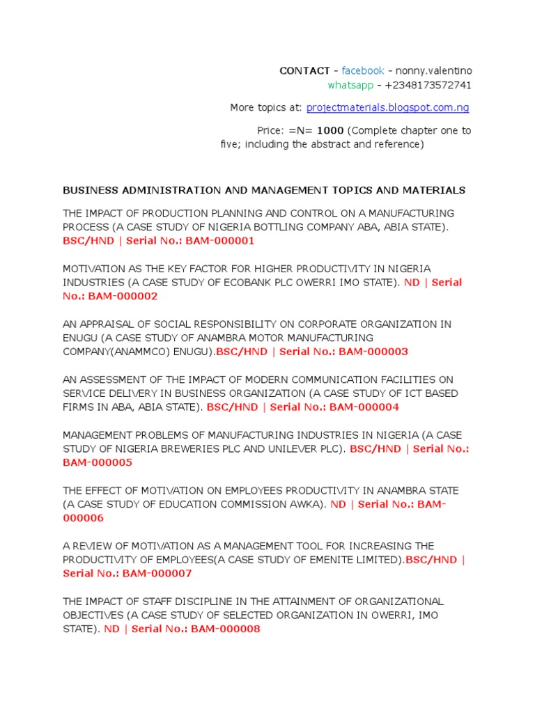 Business Administration and Management Project Topics and Materials For ...