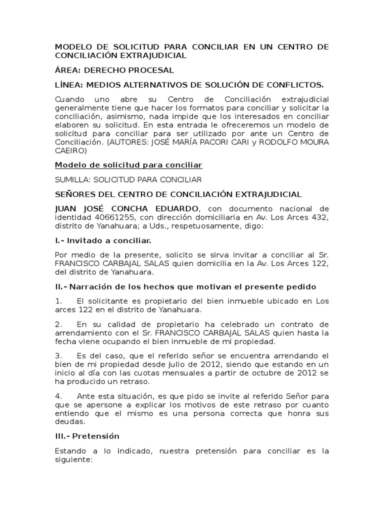 Modelo de Solicitud para Conciliar en Un Centro de Conciliación Extrajudicial | PDF | Agitación