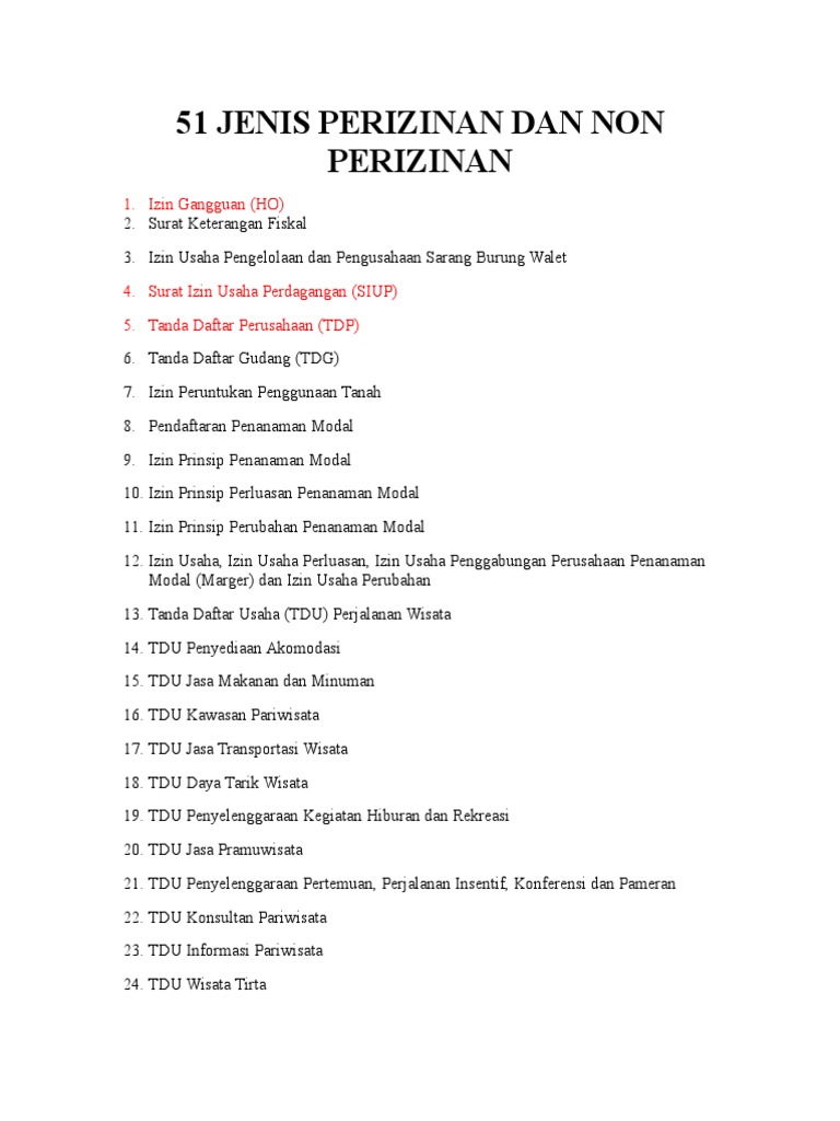 51 Jenis Perizinan Dan Non Perizinan | PDF