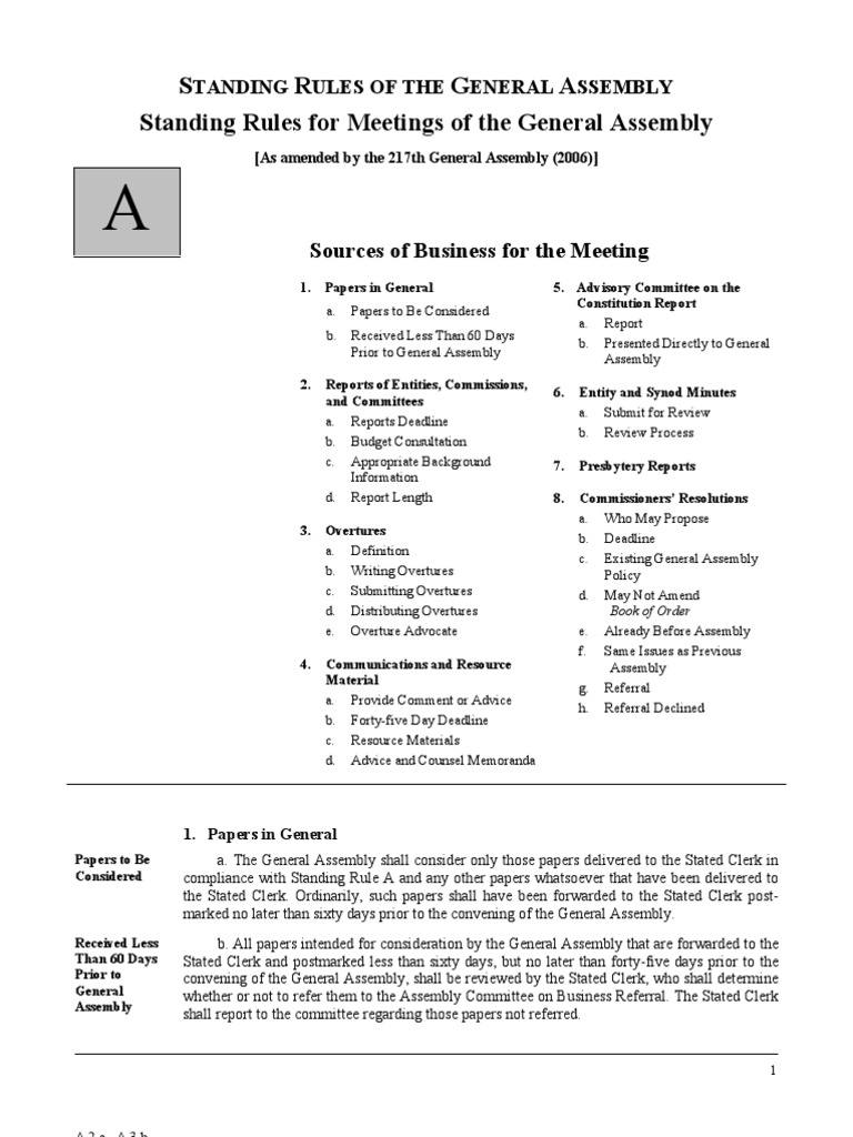 S R G A Standing Rules For Meetings of The General Assembly | PDF ...