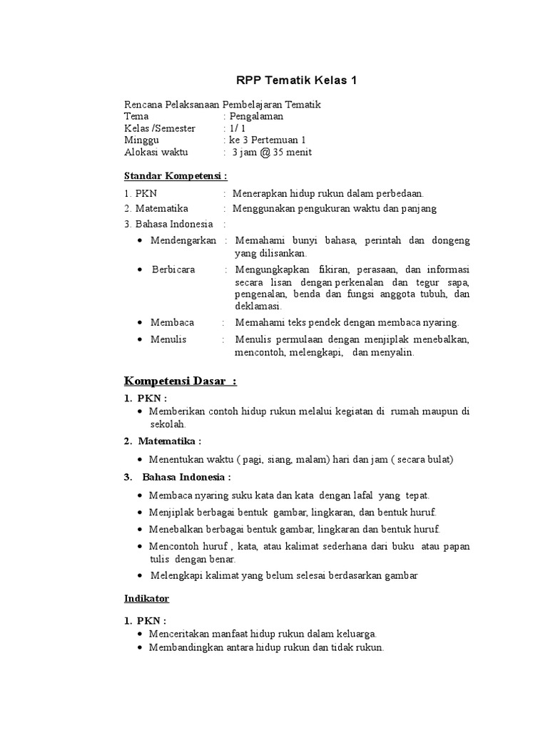RPP Tematik Kelas 1 KTSP | PDF