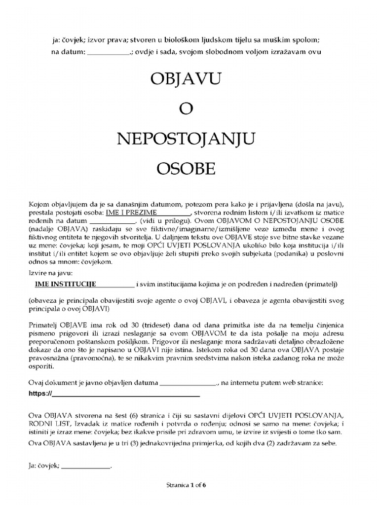 Objava o Nepostojanju Osobe PDF | PDF