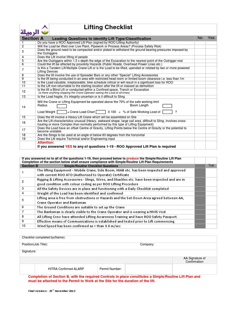Lifting Checklist - 28 Nov 2013 (Final) | PDF | Crane (Machine) | Elevator