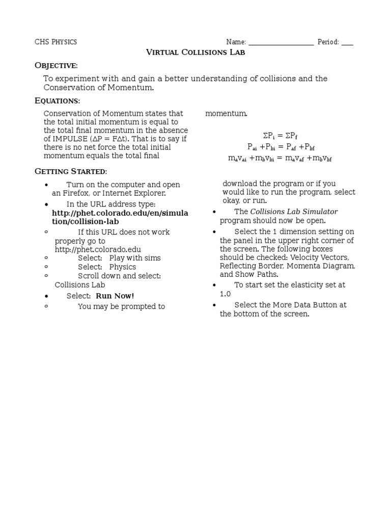 Virtual Collisions Lab Pdf Collision Momentum