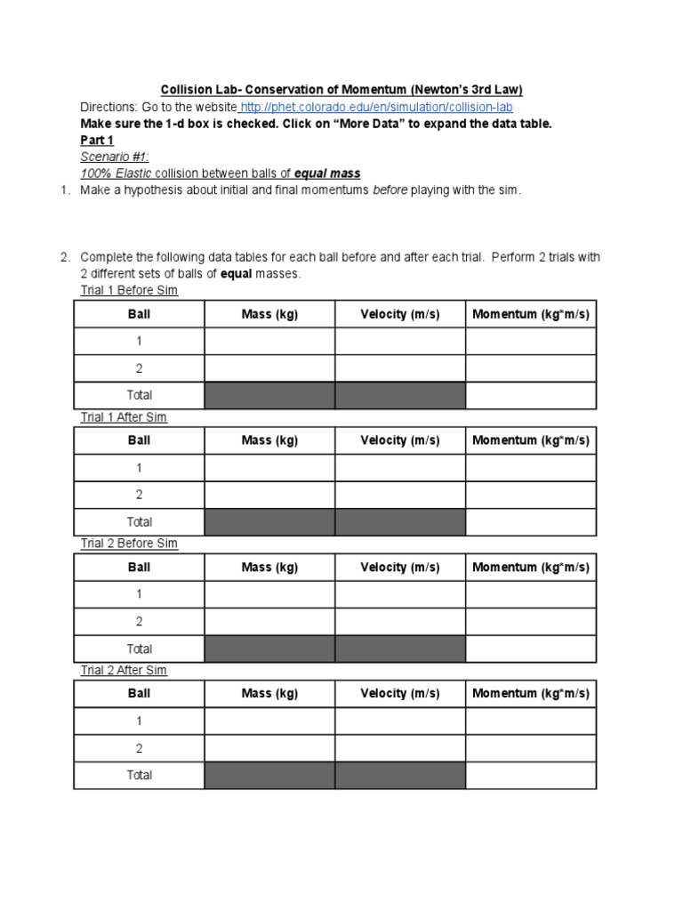 Collision Lab - Conservation of Momentum (Newton's 3rd Law) | PDF ...