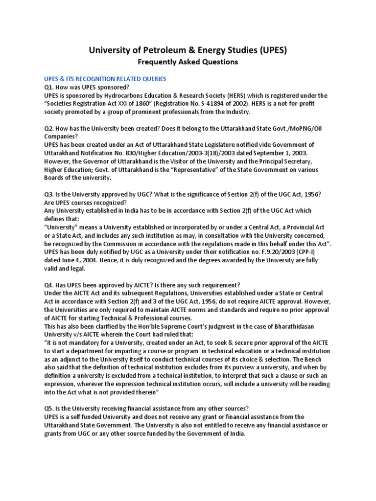 UPES FAQ: Recognition, Placements, Admissions | PDF | University And ...