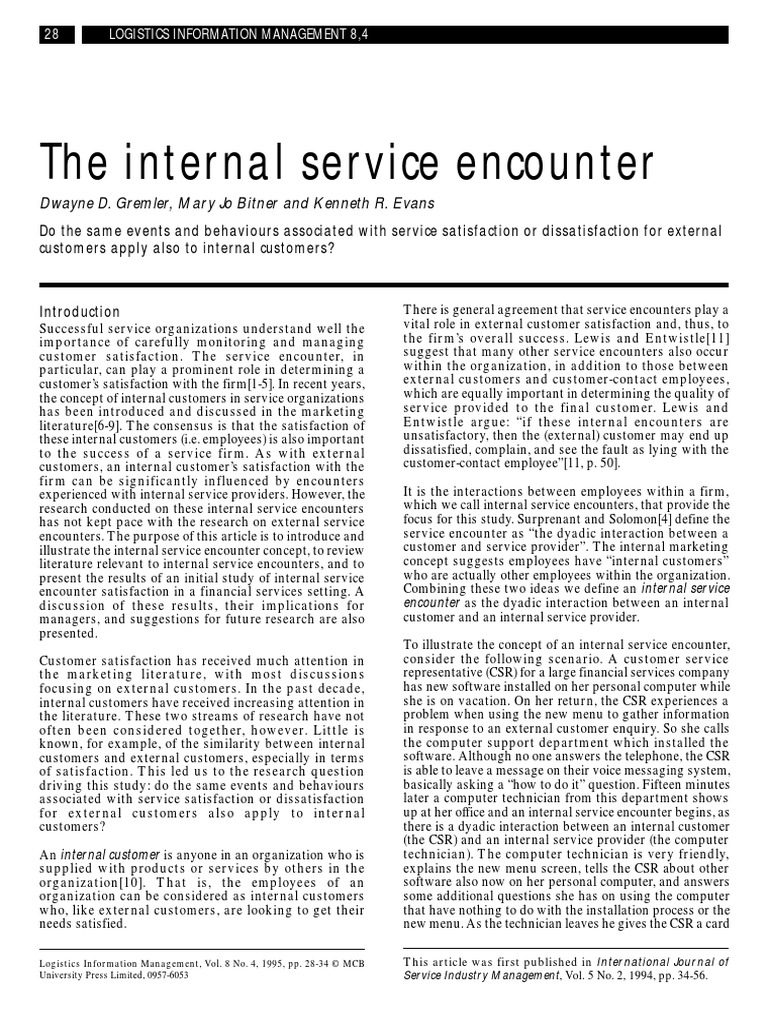 The Internal Service Encounter: Dwayne D. Gremler, Mary Jo Bitner and Kenneth R. Evans | PDF ...