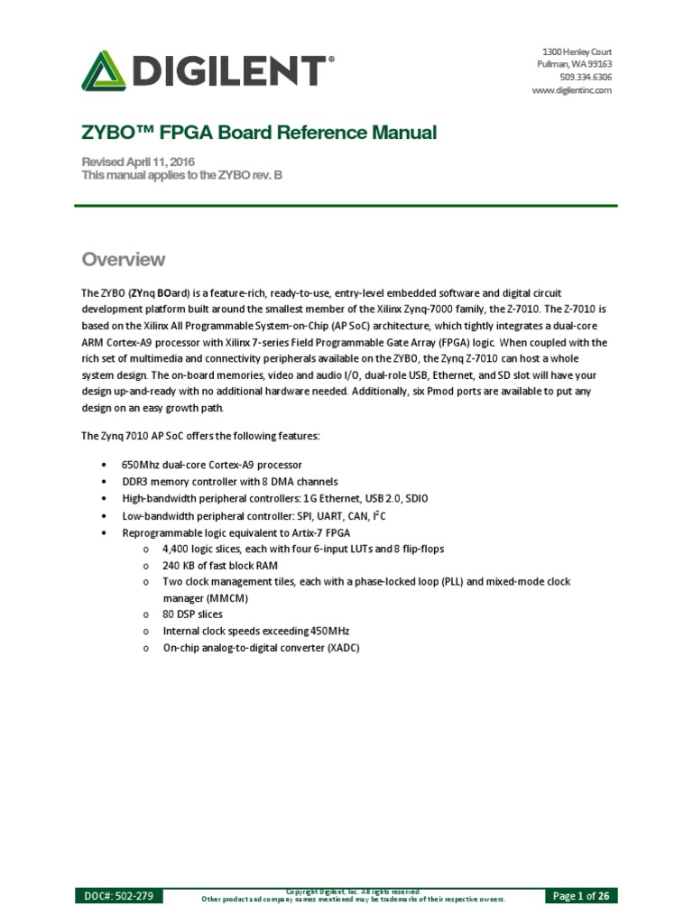 Zybo ™ FPGA Board Reference Manual: Revised April 11, 2016 This Manual Applies To The ZYBO Rev ...
