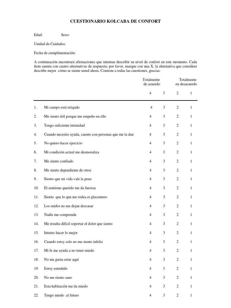 General Comfort Questionnaire Spanish | PDF | Agitación | Violencia