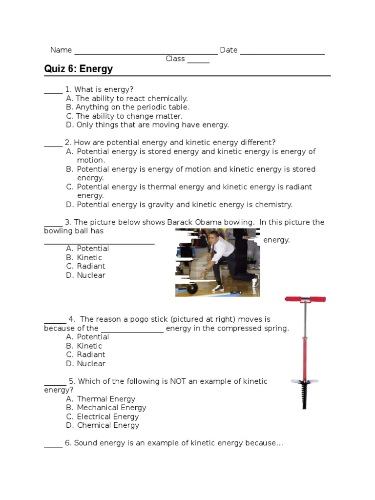 Quiz 6 Energy | PDF | Potential Energy | Kinetic Energy