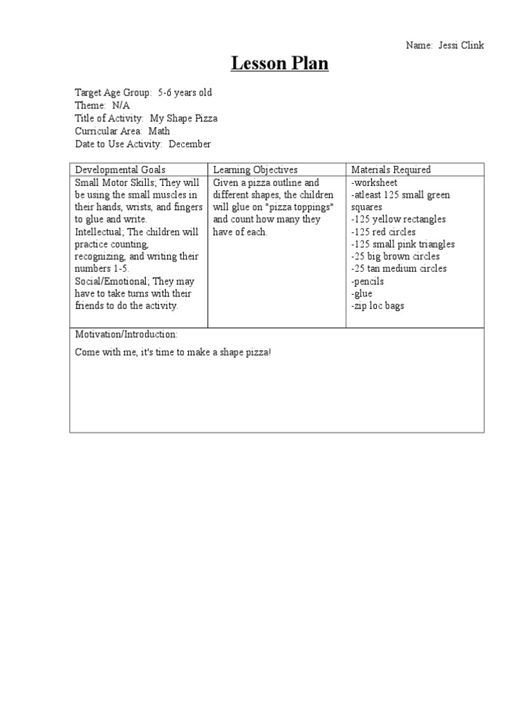 Pizza Lesson Plan