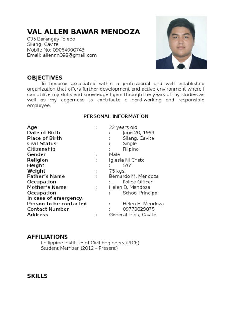 Val Allen Bawar Mendoza's Resume and Curriculum Vitae for an OJT ...