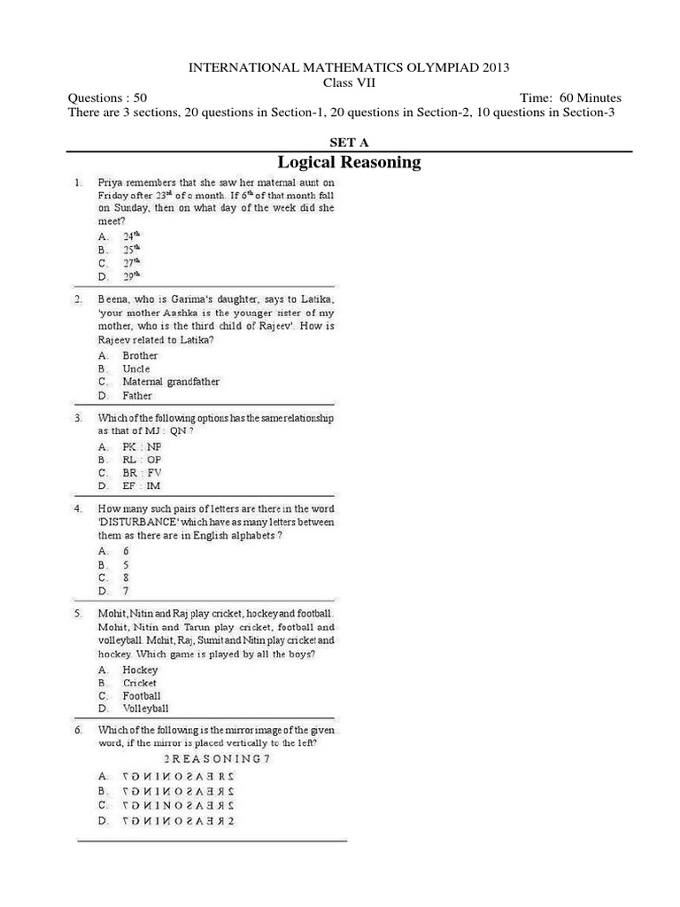 International Mathematics Olympiad 2013 Question Paper Class7 | PDF