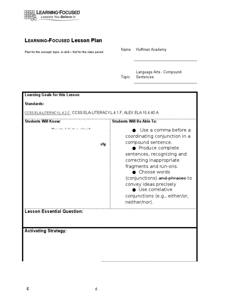 L - F Lesson Plan: Earning Ocused | PDF | Sentence (Linguistics ...