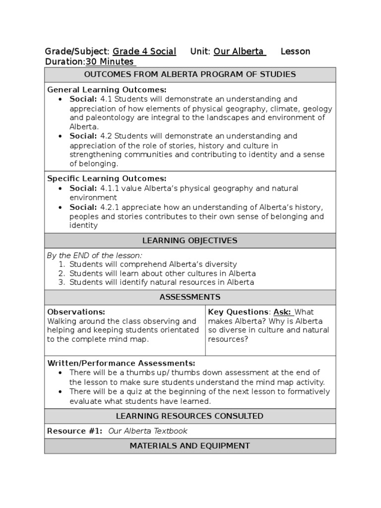 Grade/Subject: Grade 4 Social Unit: Our Alberta Lesson Duration:30 ...
