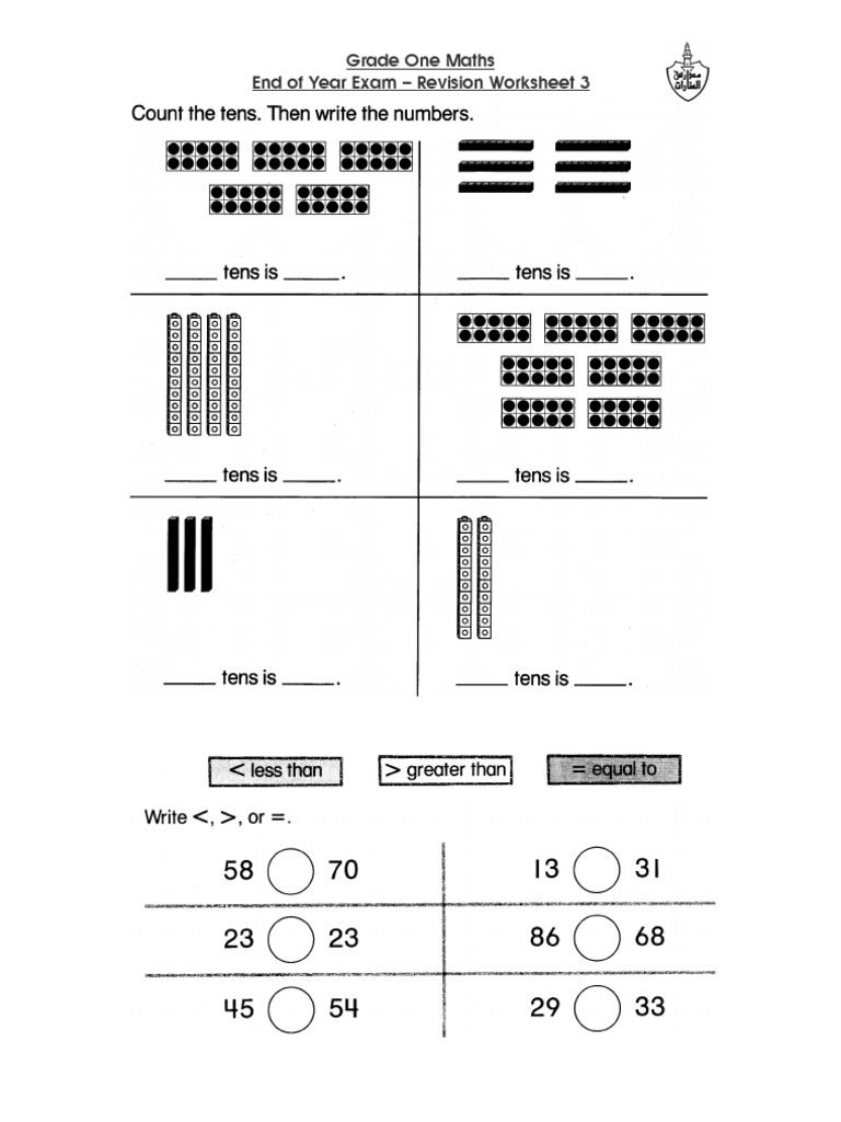 Grade 1 - End of Year Exam - Maths Revision Sheet 3 | PDF