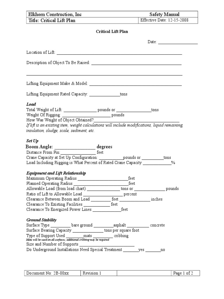 Elkhorn Construction, Inc Safety Manual Title: Critical Lift Plan | PDF