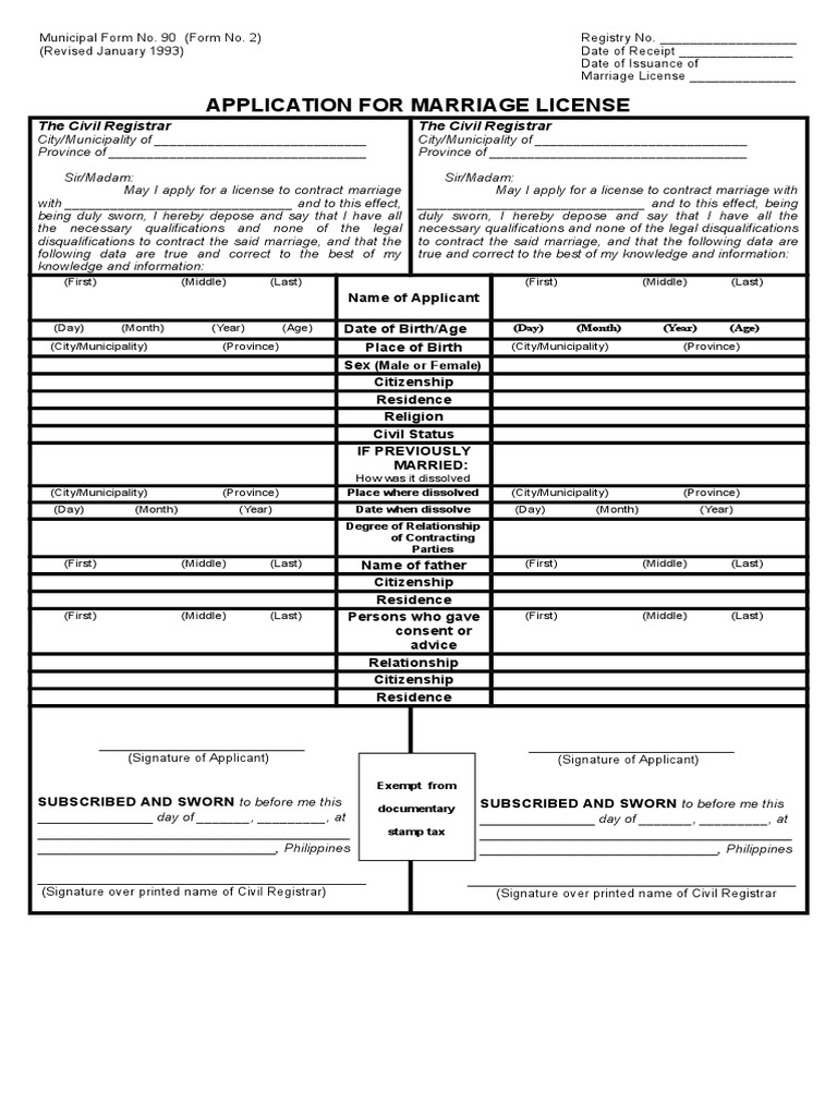 Application For Marriage License: The Civil Registrar The Civil ...
