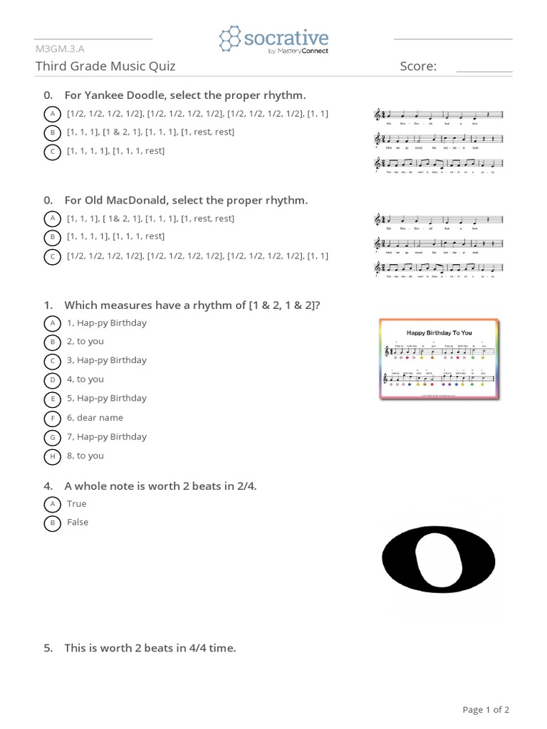 Third Grade Music Rhythm Quiz | PDF | Teaching Methods & Materials ...
